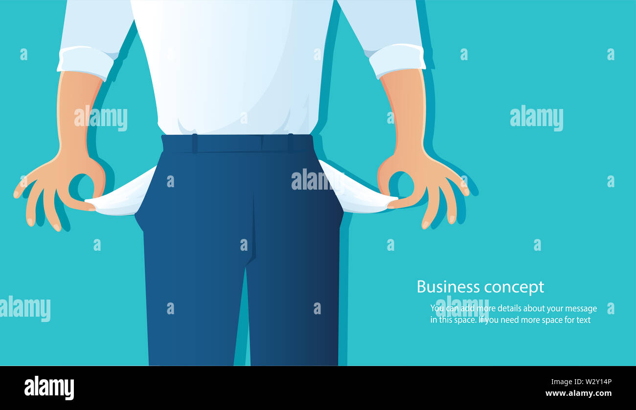poor man showing his empty pockets on blue background vector ...