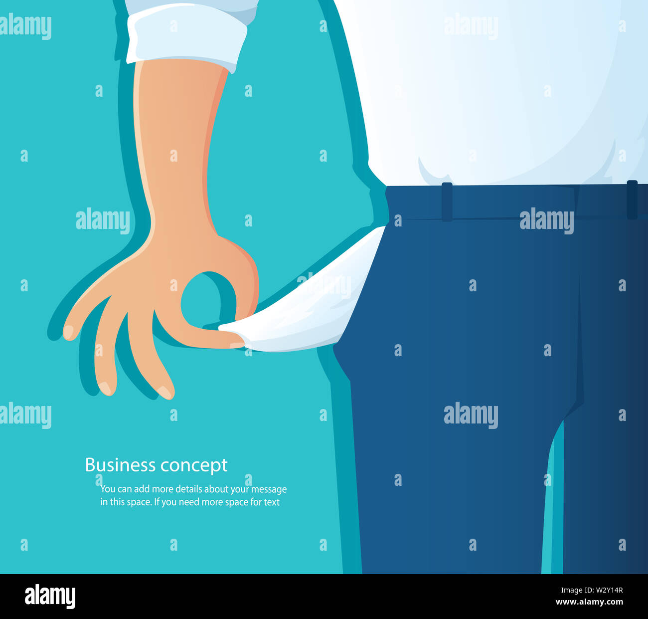 poor man showing his empty pockets on blue background vector ...