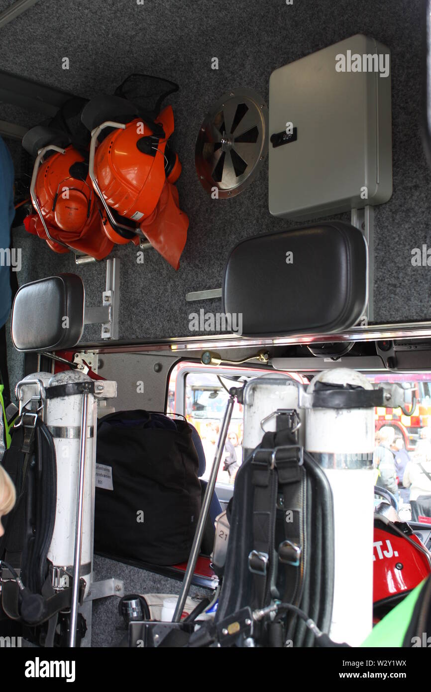 Modern firefighter truck with an emergency tool and equipment for using ...