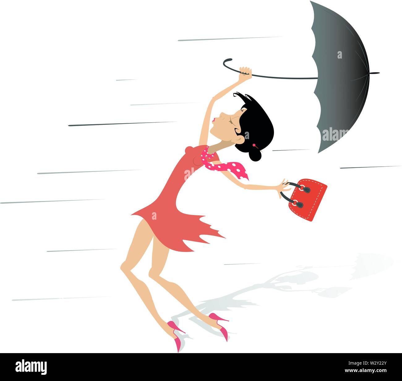 Strong wind, rain and woman with umbrella illustration. Whirlwind, rain ...