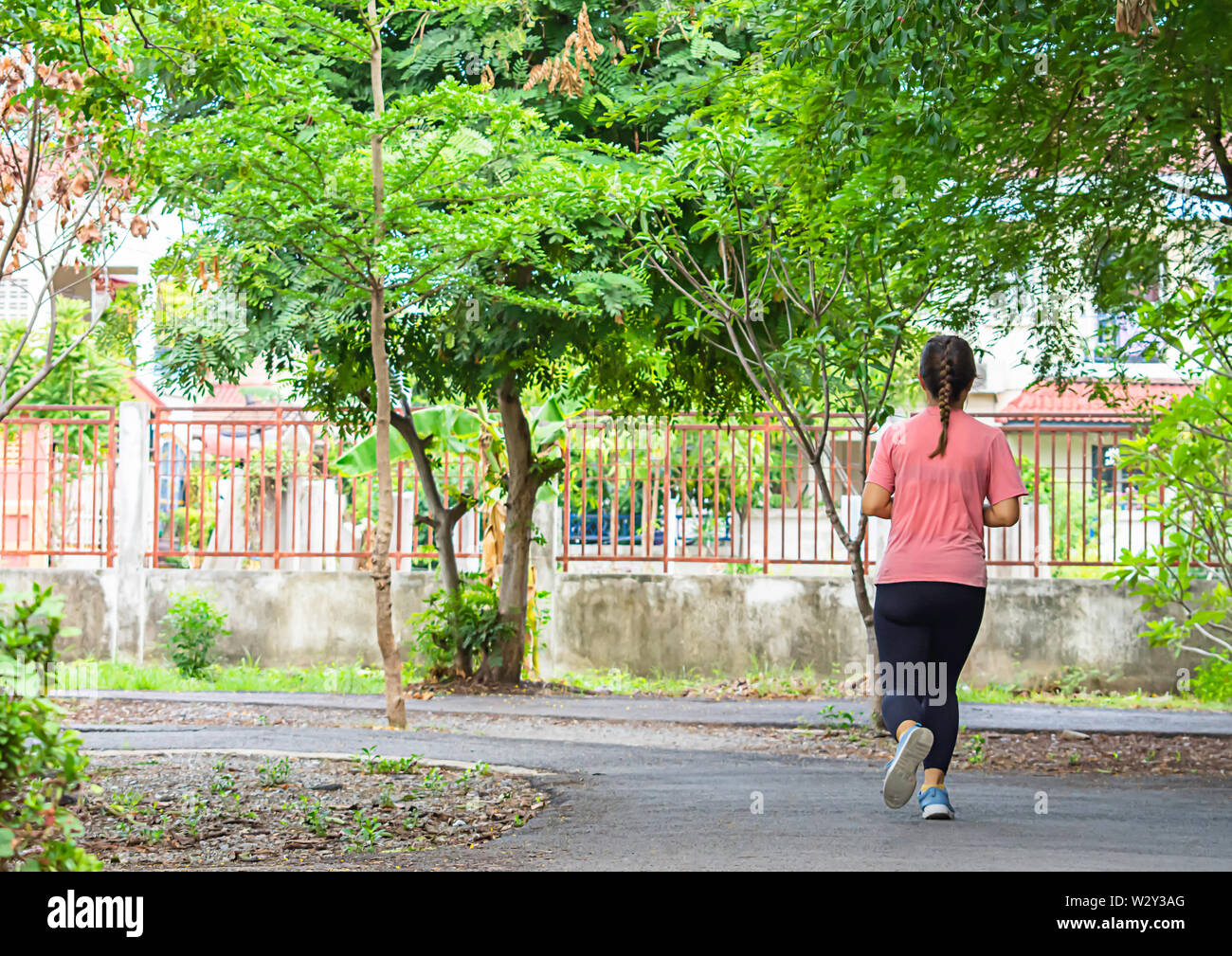 Asian women are jogging in the Park Background tree Stock Photo - Alamy