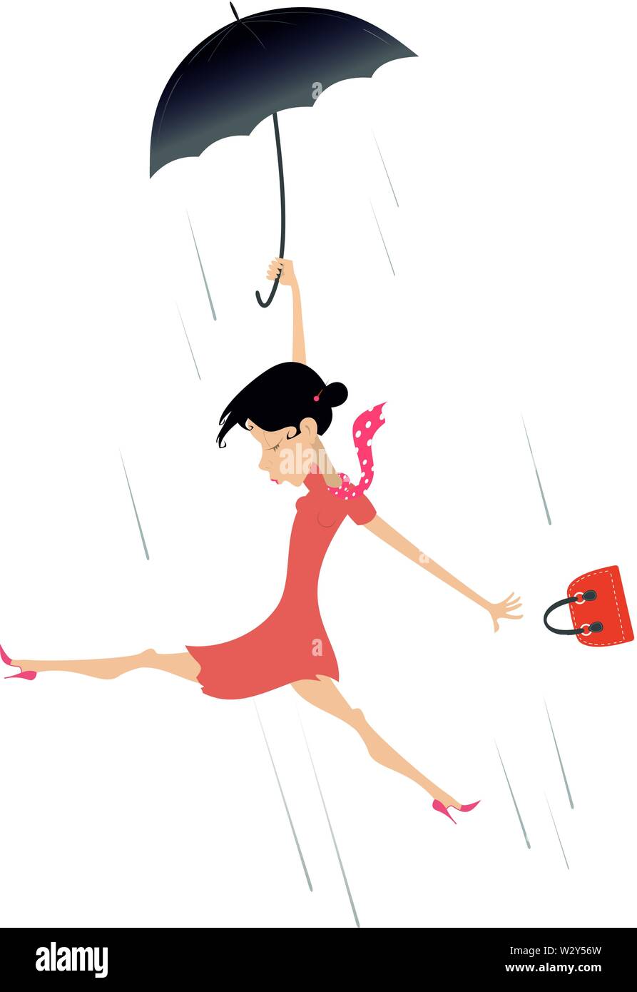 Strong wind, rain and woman with umbrella.Cartoon woman with umbrella ...