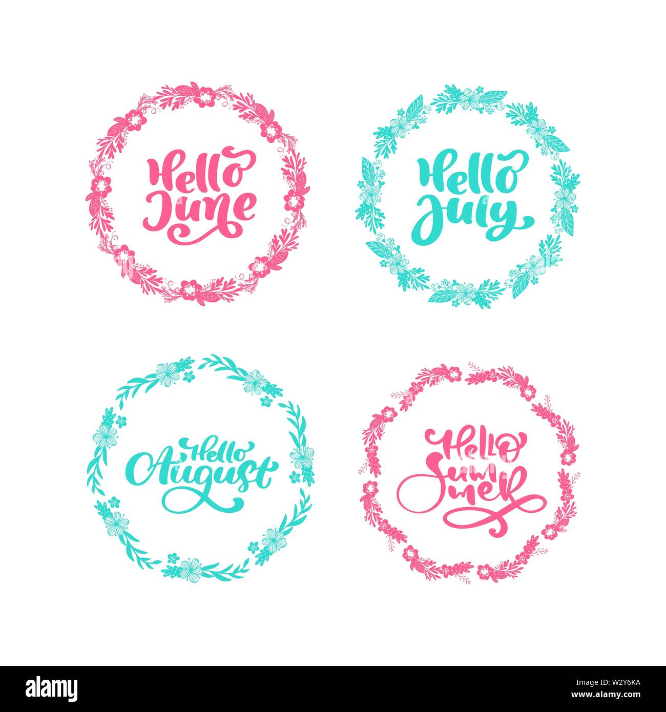 Summer set of hand drawn vector decorative calligraphic phrases Hello ...