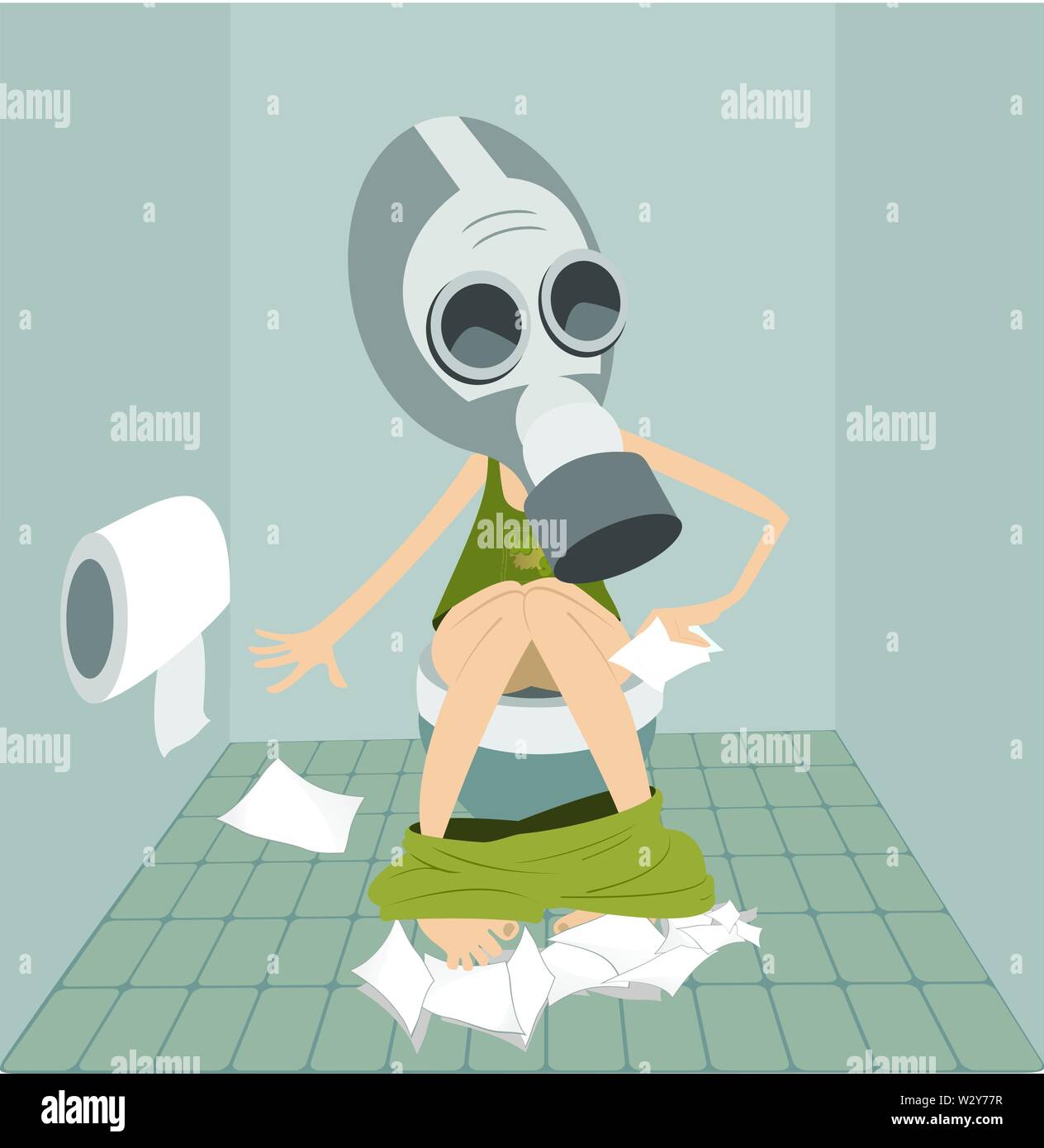 Man or a woman with diarrhea (food poisoning) sitting in the toilet. Man or a woman in the gas ...