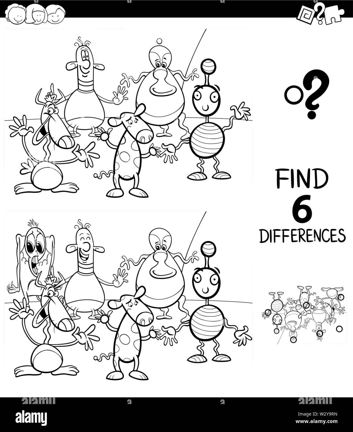 Black and White Cartoon Illustration of Finding Six Differences Between ...