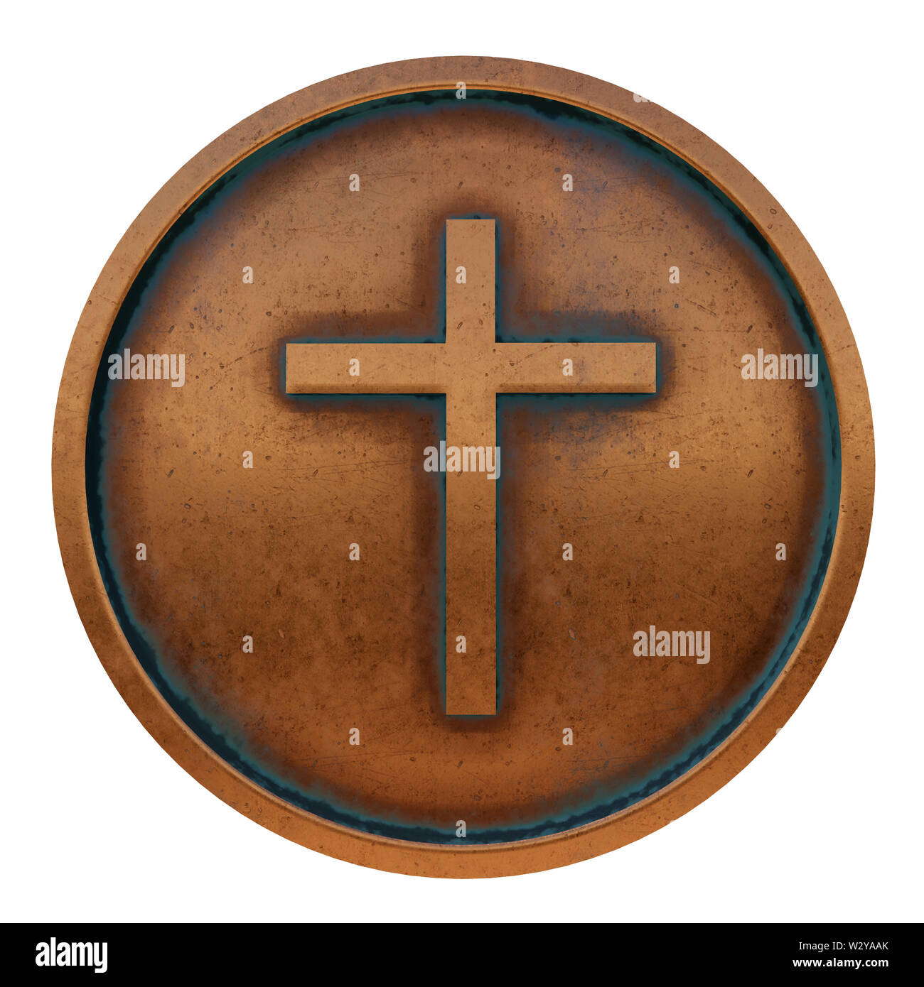 Christianity latin cross symbol on the copper metal coin 3D rendering ...