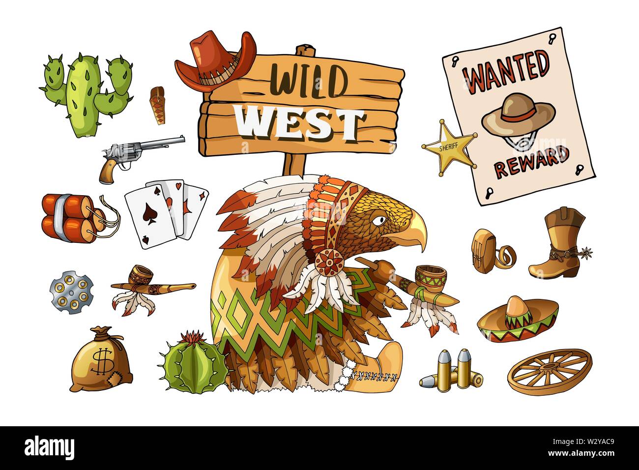 Vector Set Cowboy and Wild West Labels and Sticker Elements in Cartoon ...