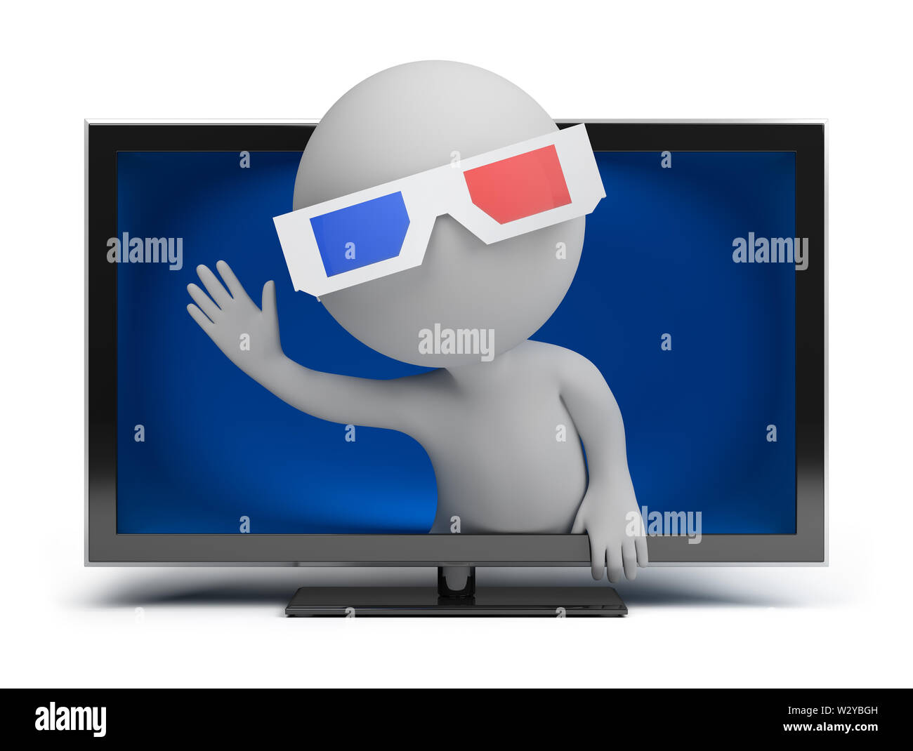 3d small person looks out from the TV screen. 3d image. Isolated white ...