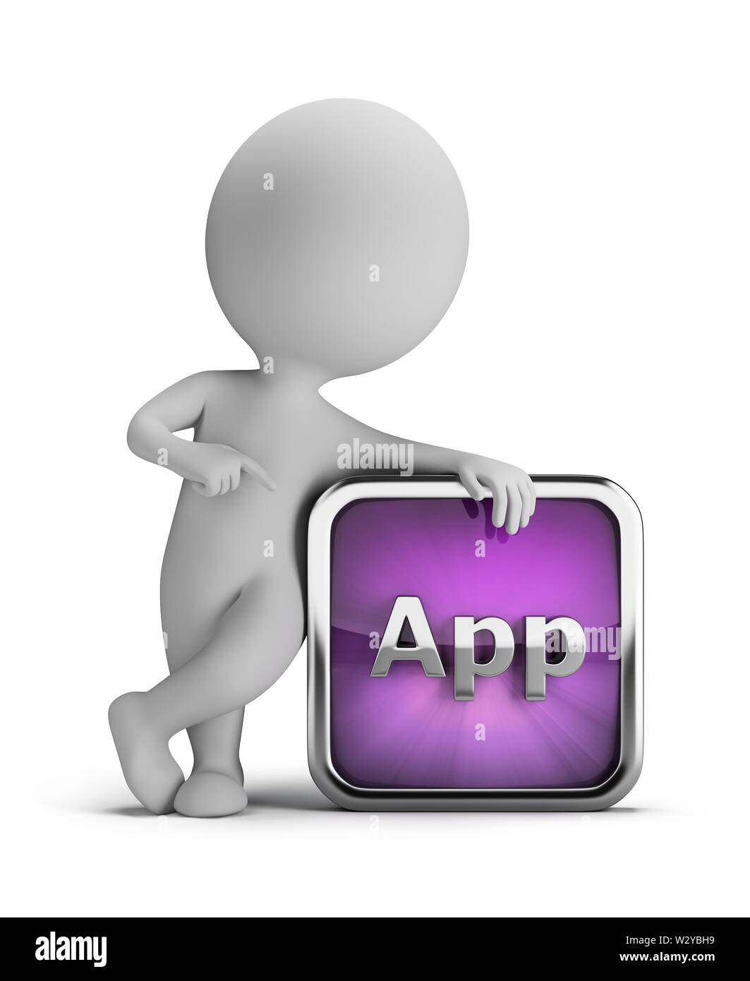 3d small person standing next to an application icon. 3d image ...