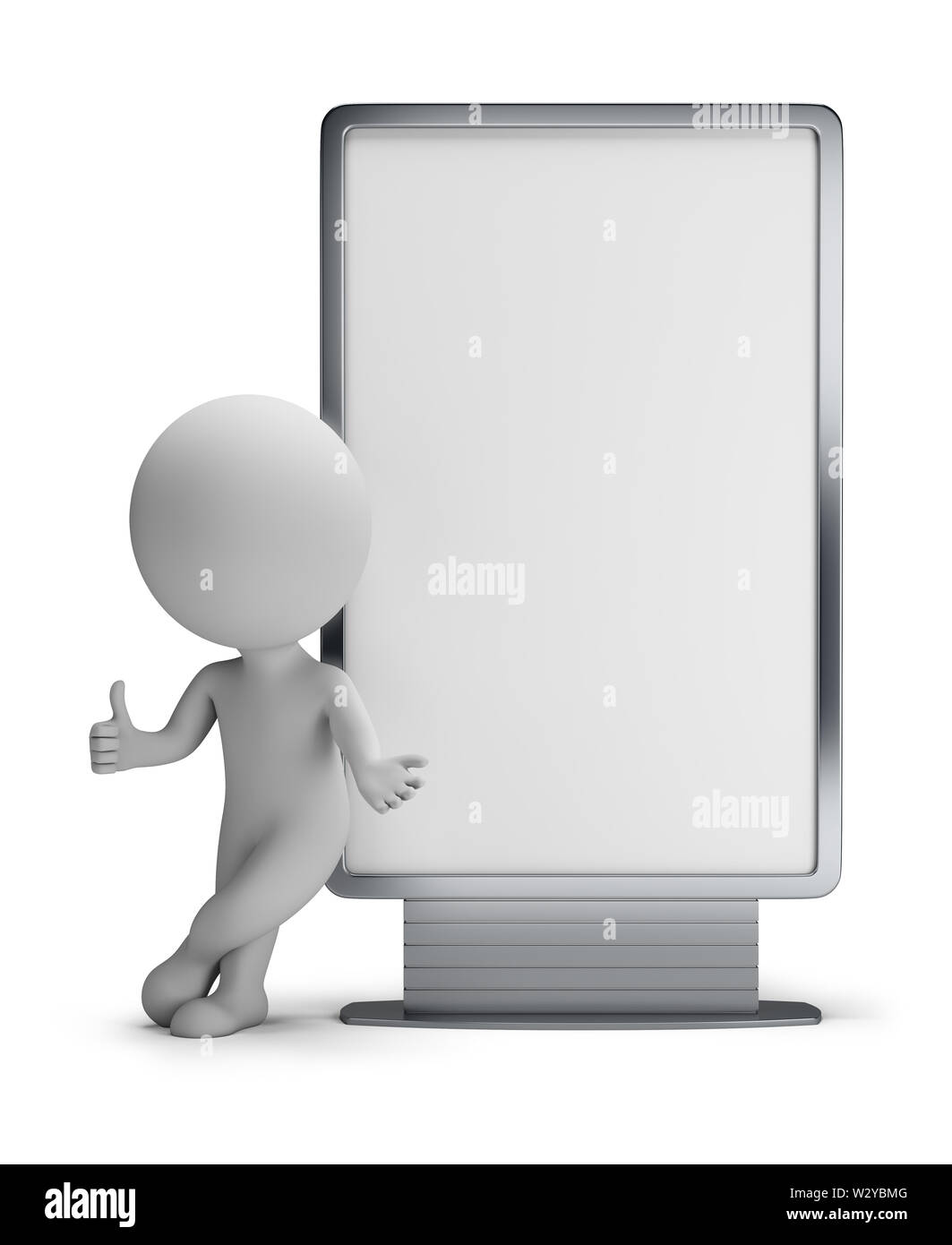 3d small person standing next to a billboard. 3d image. White ...
