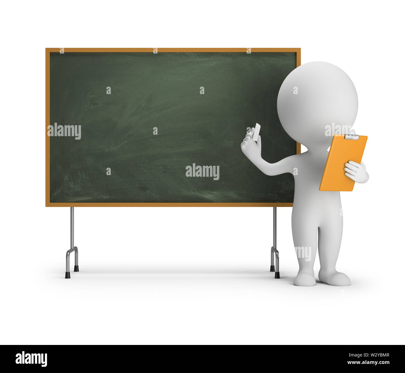 3d small person standing next to the blackboard with chalk and a ...