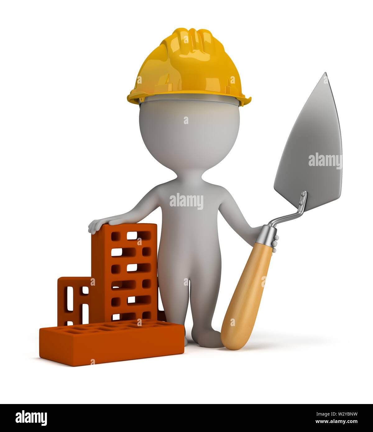 3d small person - builder in the helmet with a shovel and bricks. 3d ...