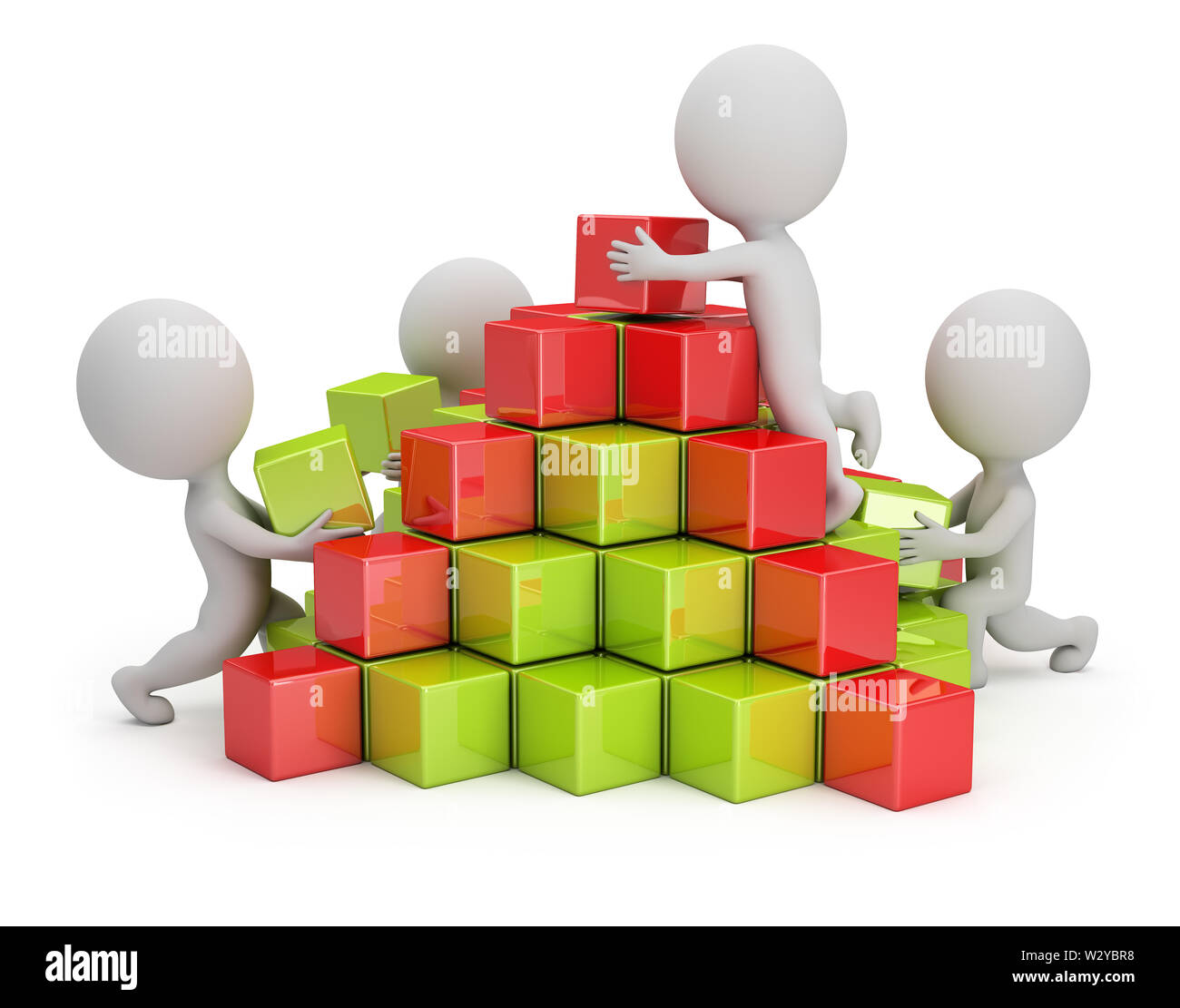 3d small people are building a pyramid of colored cubes. 3d image ...