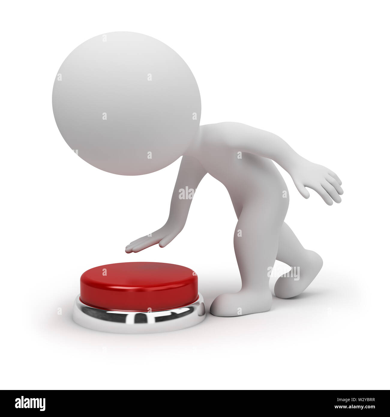 3d small people pressing the red button. 3d image. Isolated white ...