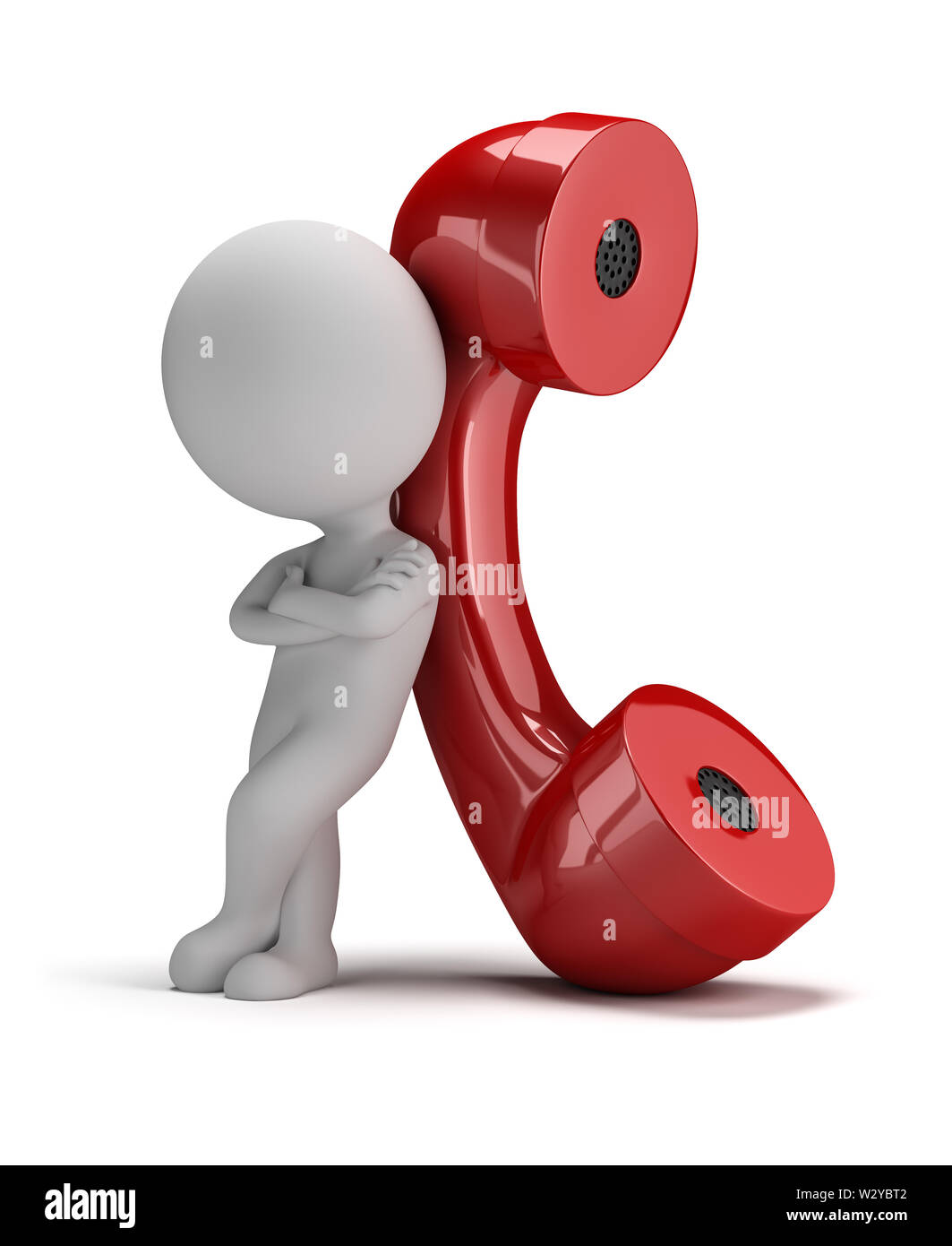 3d small person standing next to a large handset. 3d image. Isolated ...