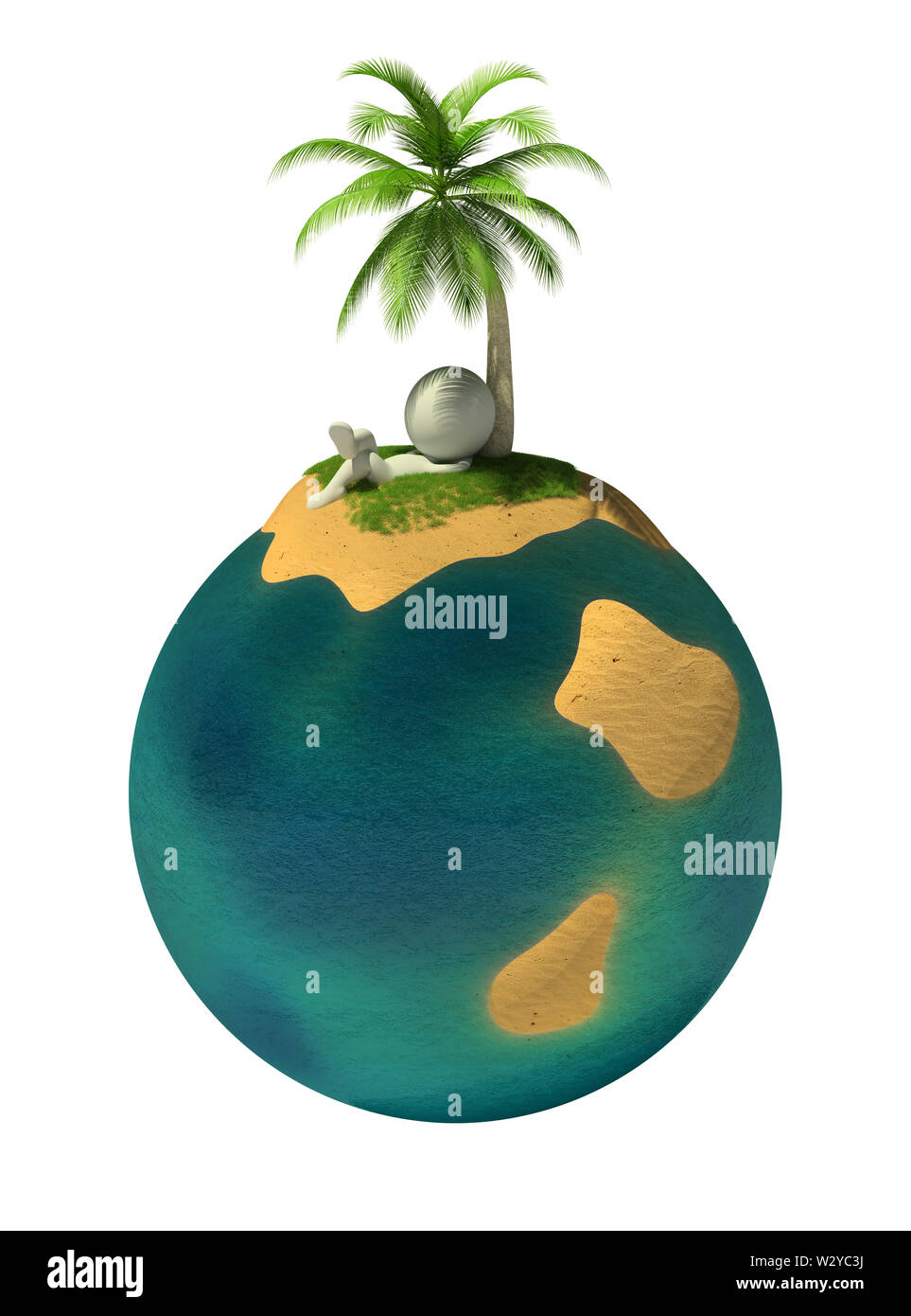 3d small person resting on a deserted island on the planet Earth. 3d ...