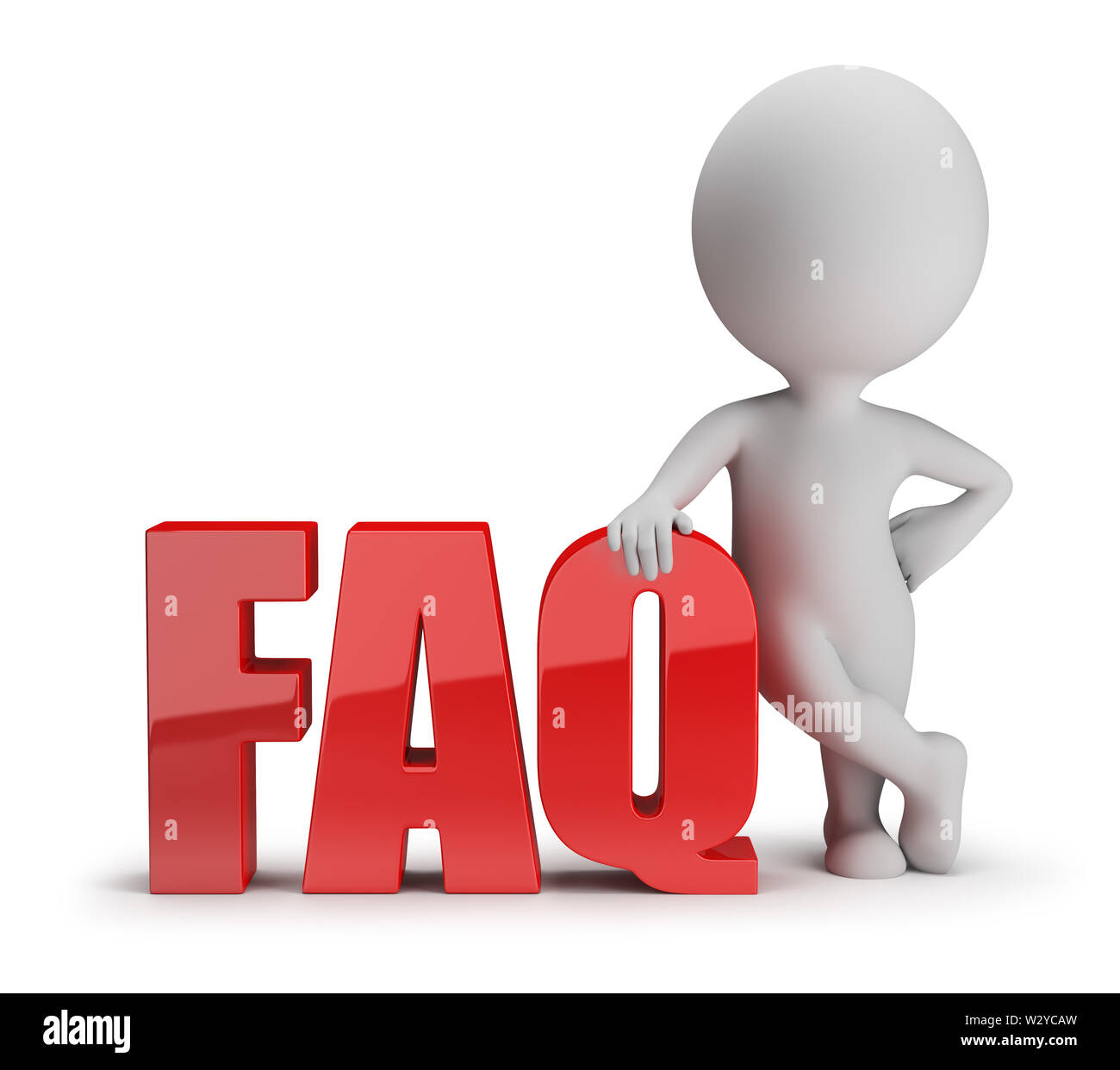 3d small person standing next to FAQ. 3d image. White background Stock ...