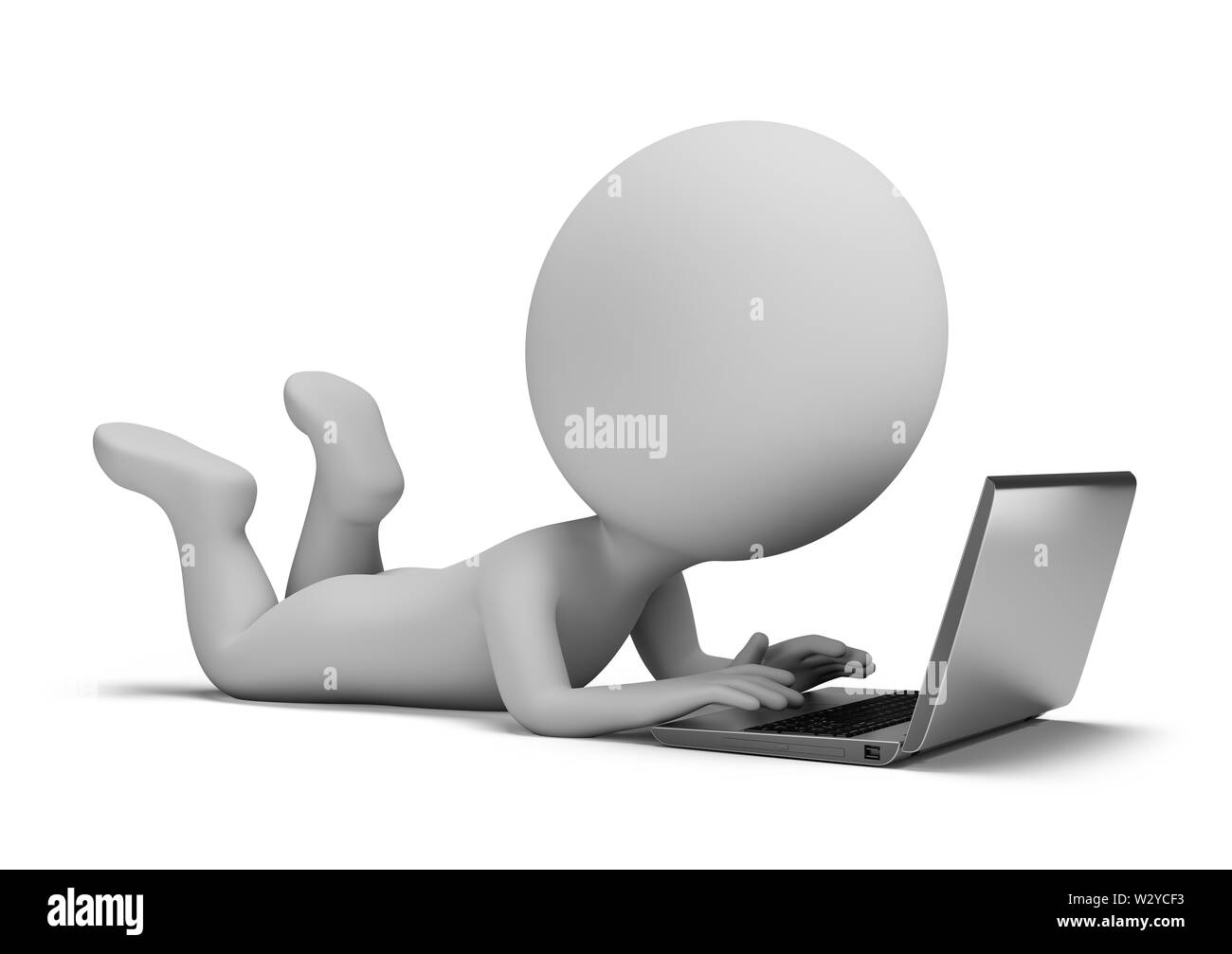 3d small person lies and playing on a laptop. 3d image. White ...