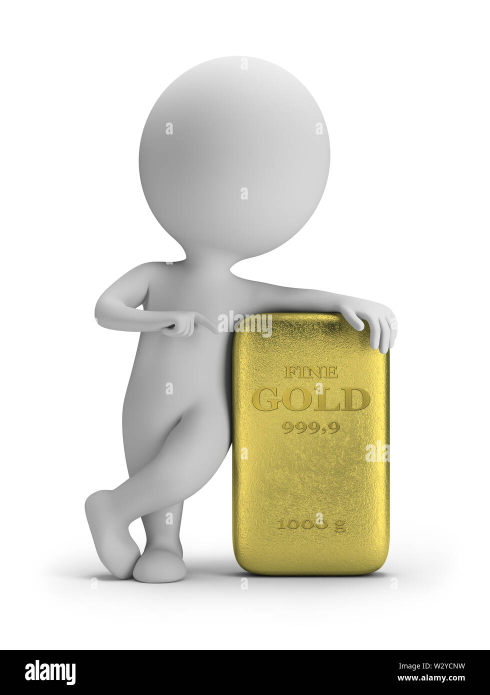 3d small person standing next to a golden nugget. 3d image. White ...