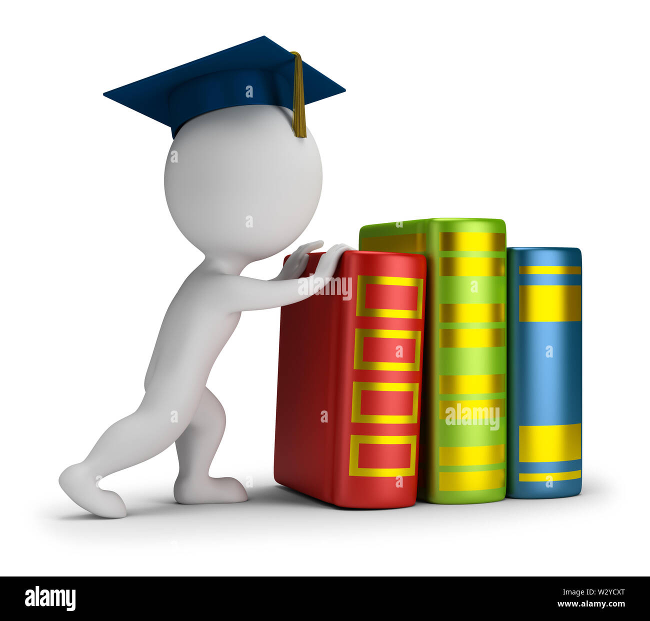 3d small person pushes heavy books. 3d image. White background Stock ...