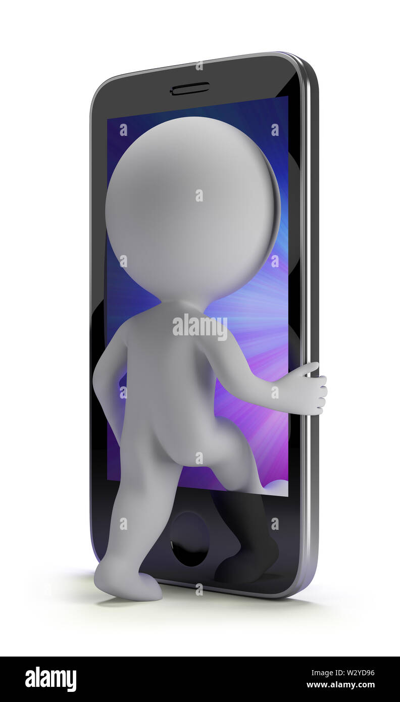 3d small person login to your phone. 3d image. Isolated white ...