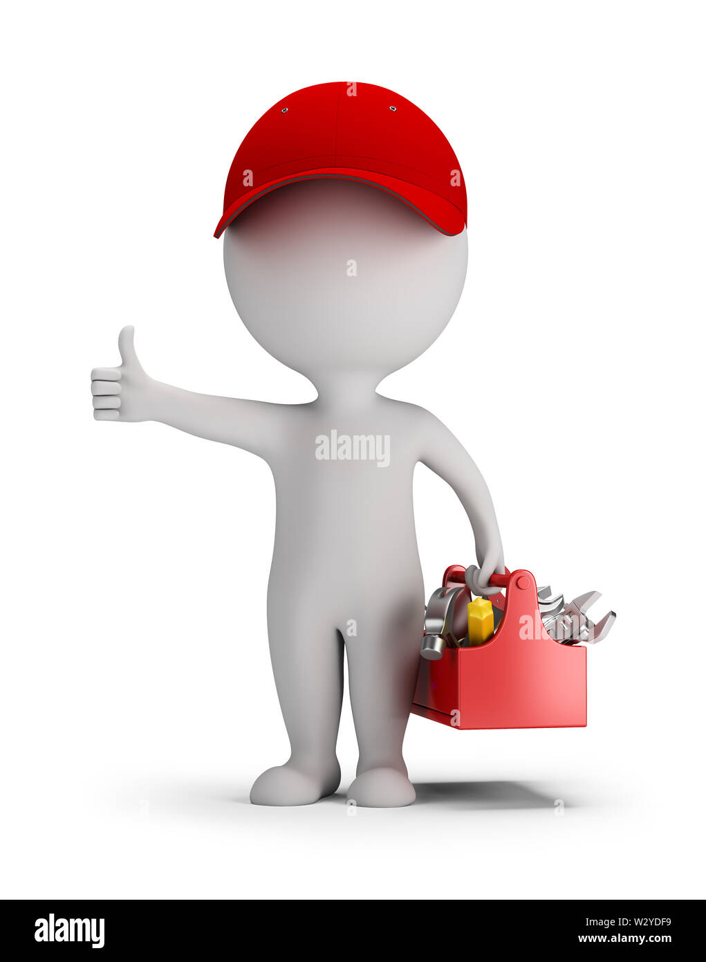 3d small person - mechanic with tool box. Thumb up. 3d image. White ...