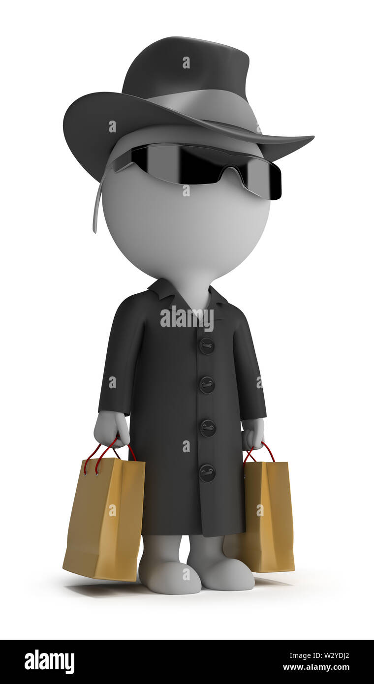 3d small person - mystery shopper in a black coat, sunglasses, hat, and ...
