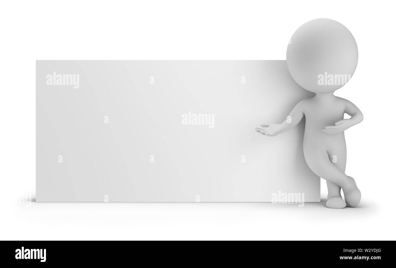 3d small person standing near an empty board. 3d image. White ...