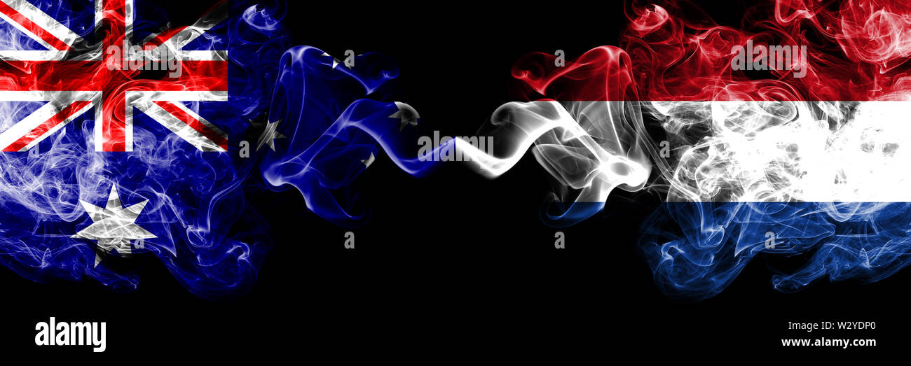 Australia vs Netherlands, Dutch smoky mystic flags placed side by side ...