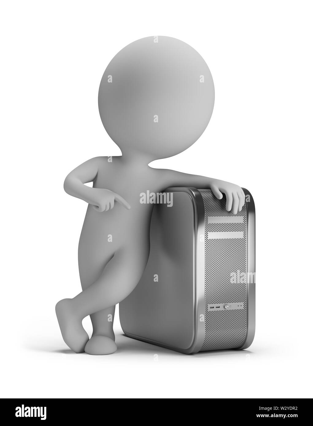 3d small person standing next to the computer. 3d image. Isolated white ...