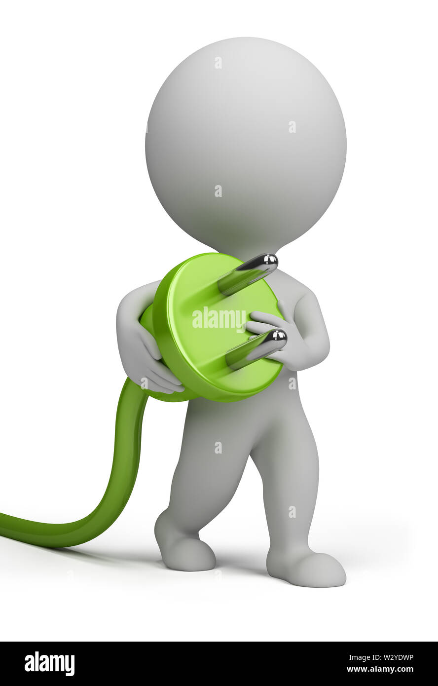 3d small person carrying in his hand an electric plug. 3d image ...
