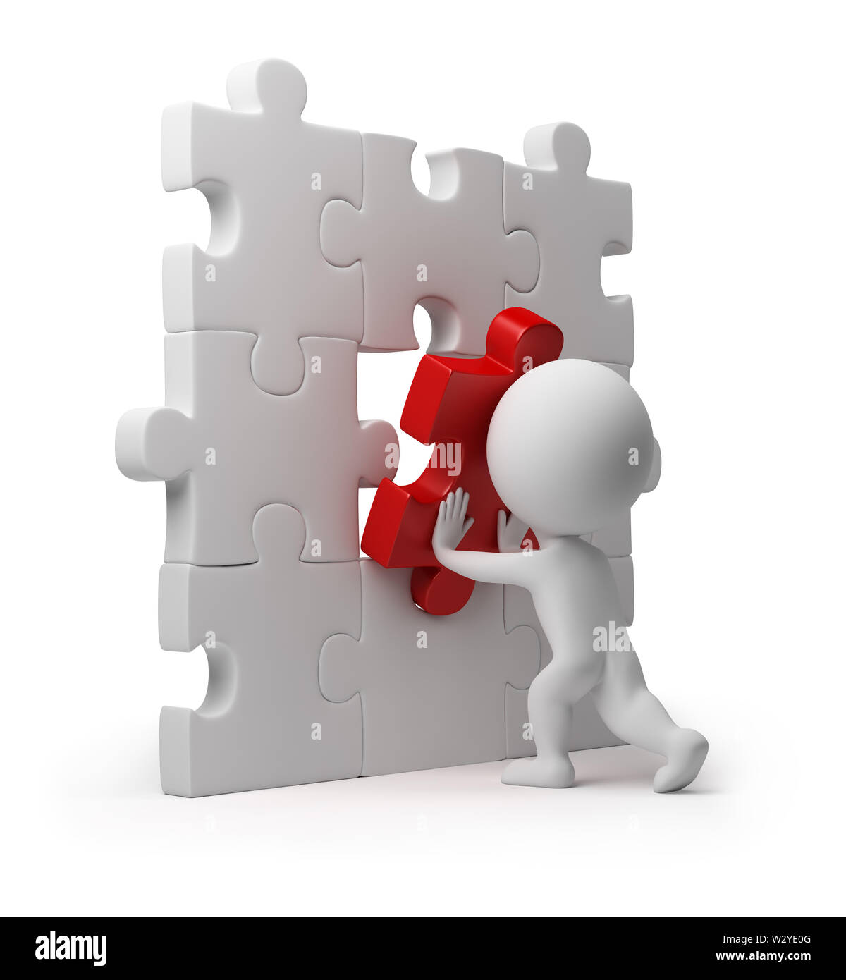 3d small person inserting last part of a puzzle. 3d image. Isolated ...