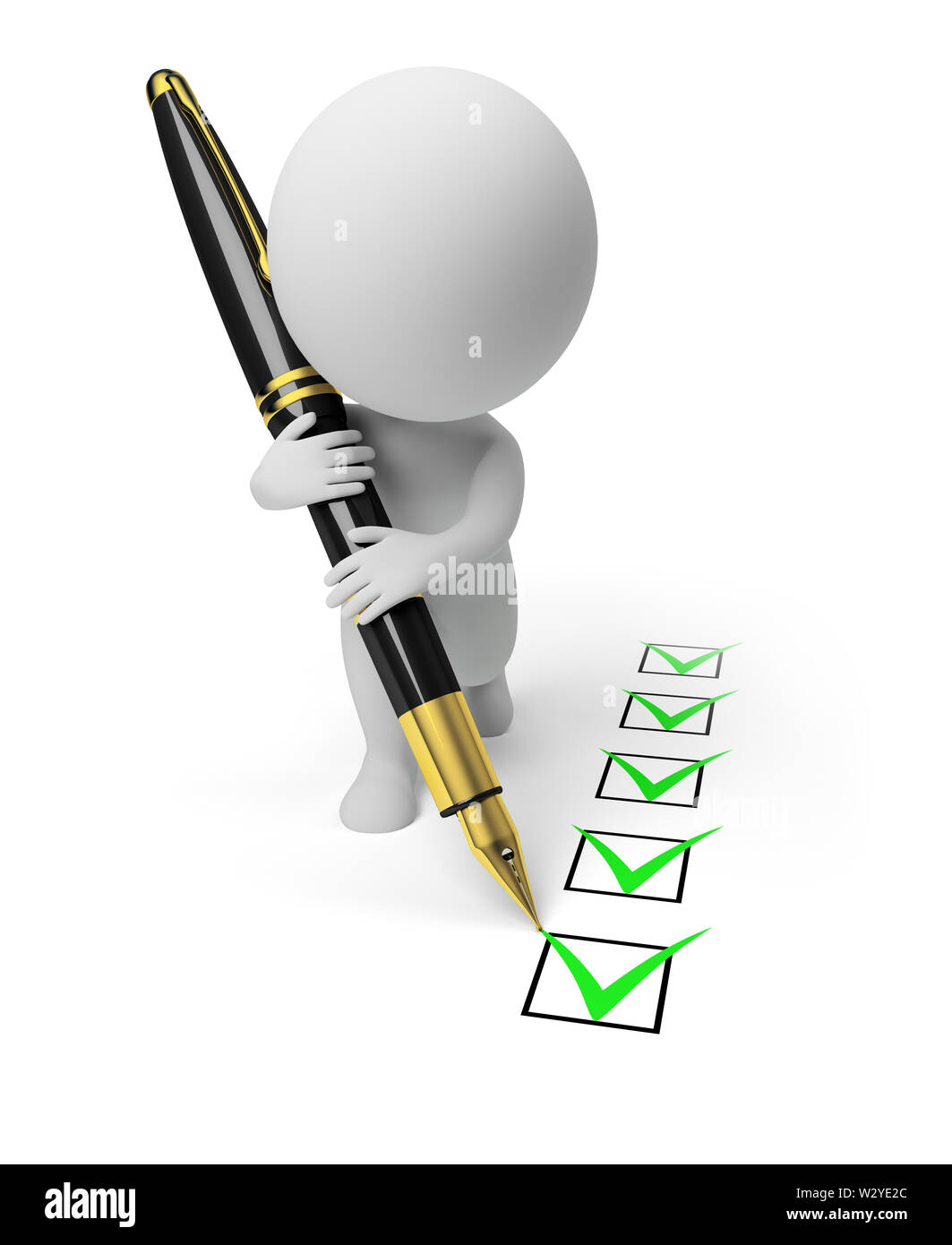3d small person with the pen puts ticks in the list. 3d image. Isolated ...
