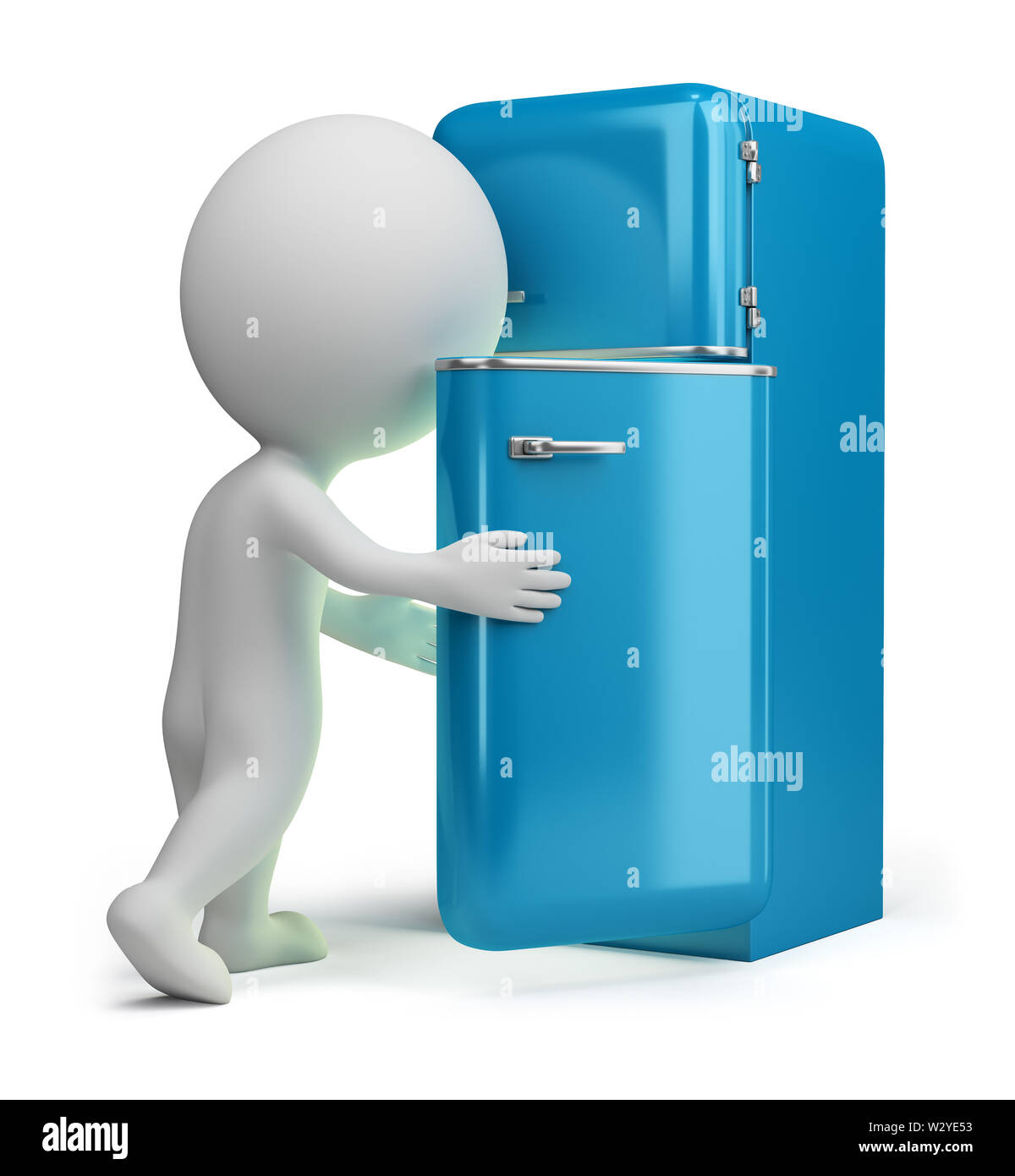 3d small person looking inside a vintage fridge. 3d image. Isolated ...