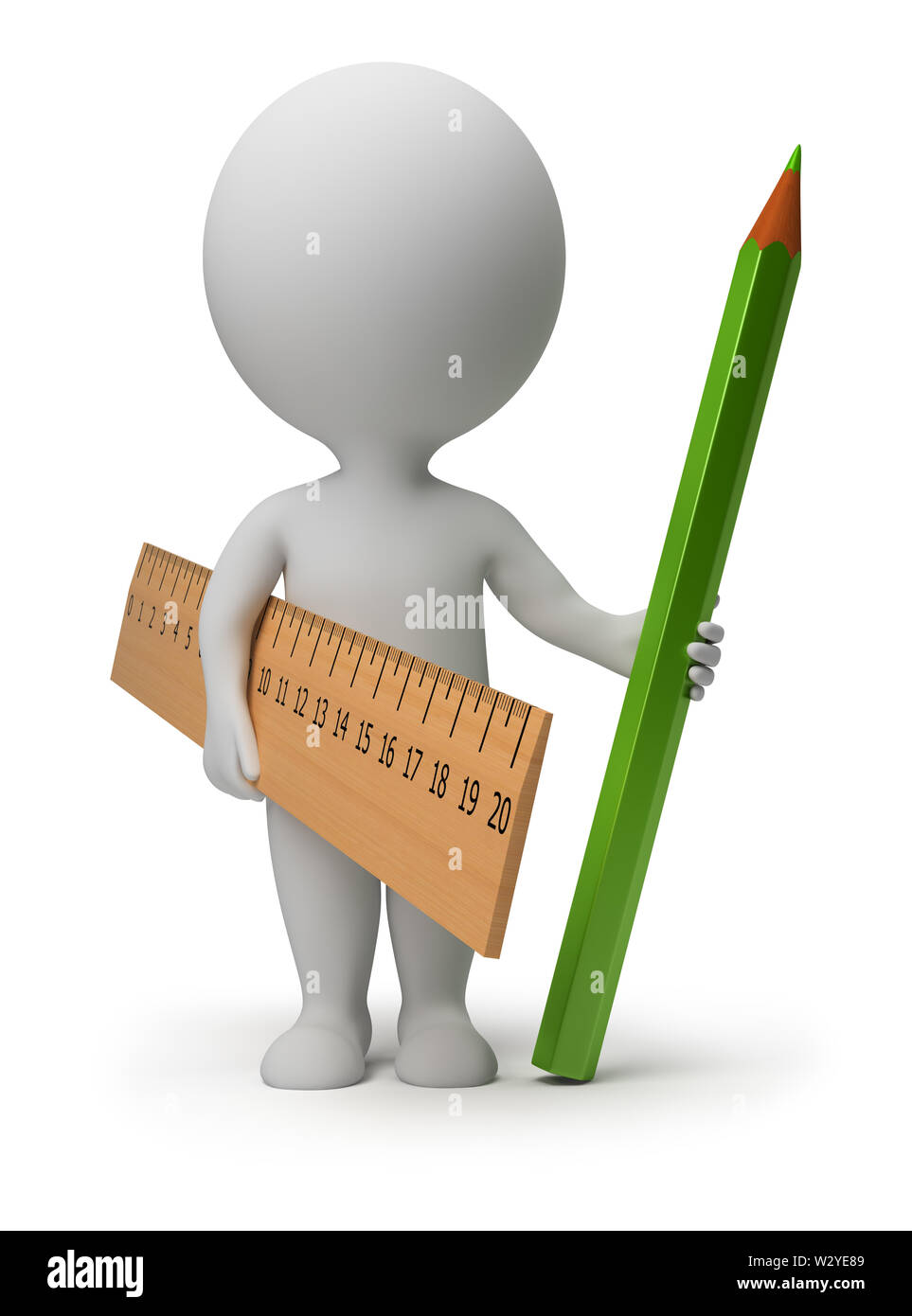 3d small person with a ruler and a green pencil. 3d image. Isolated ...