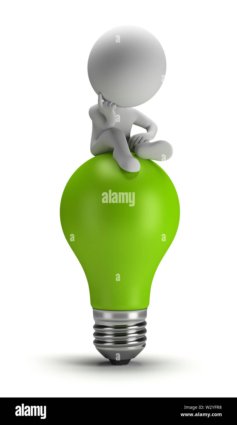 3d small person sitting on a green light bulb in a thoughtful pose. 3d ...