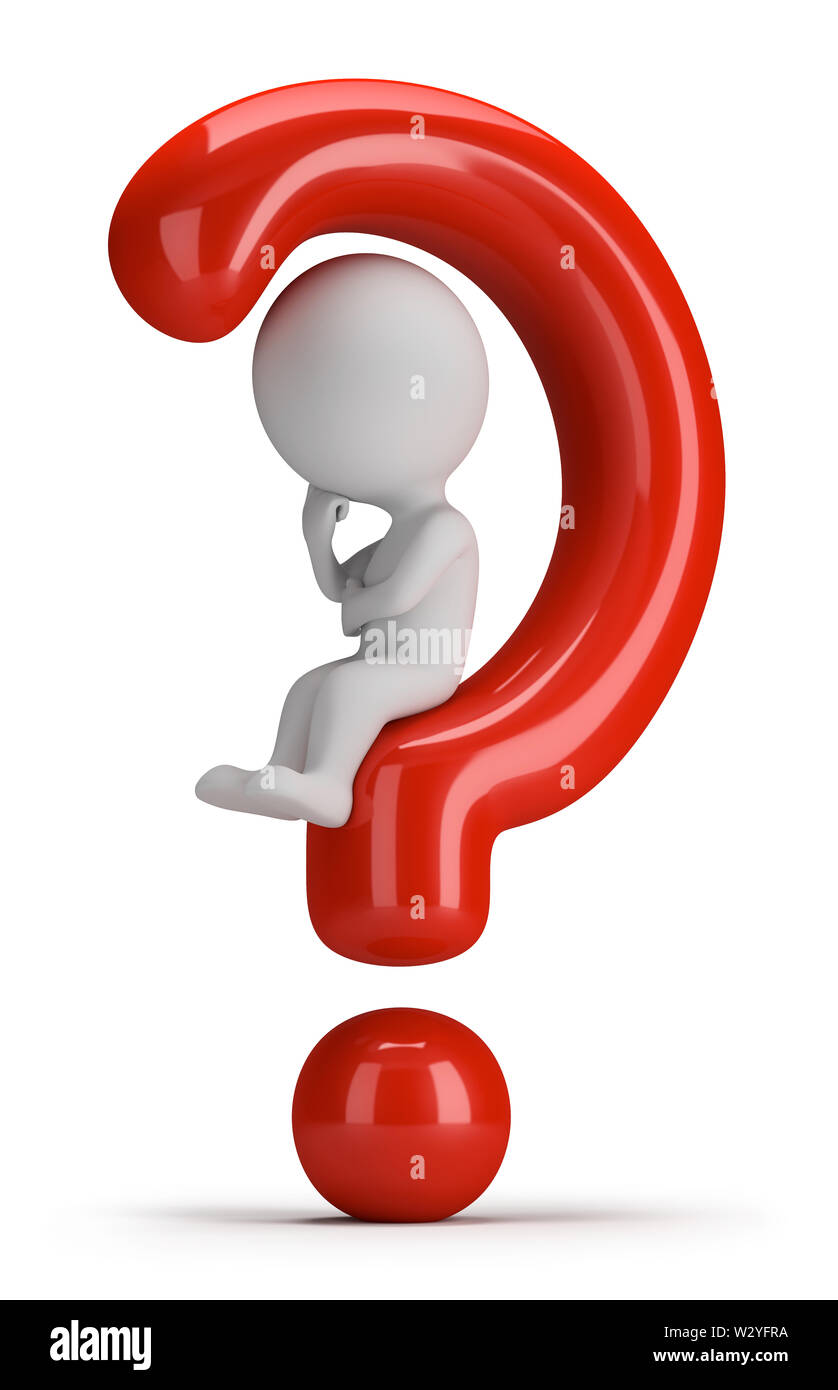 3d small person sitting in a meditative pose on a question mark. 3d ...