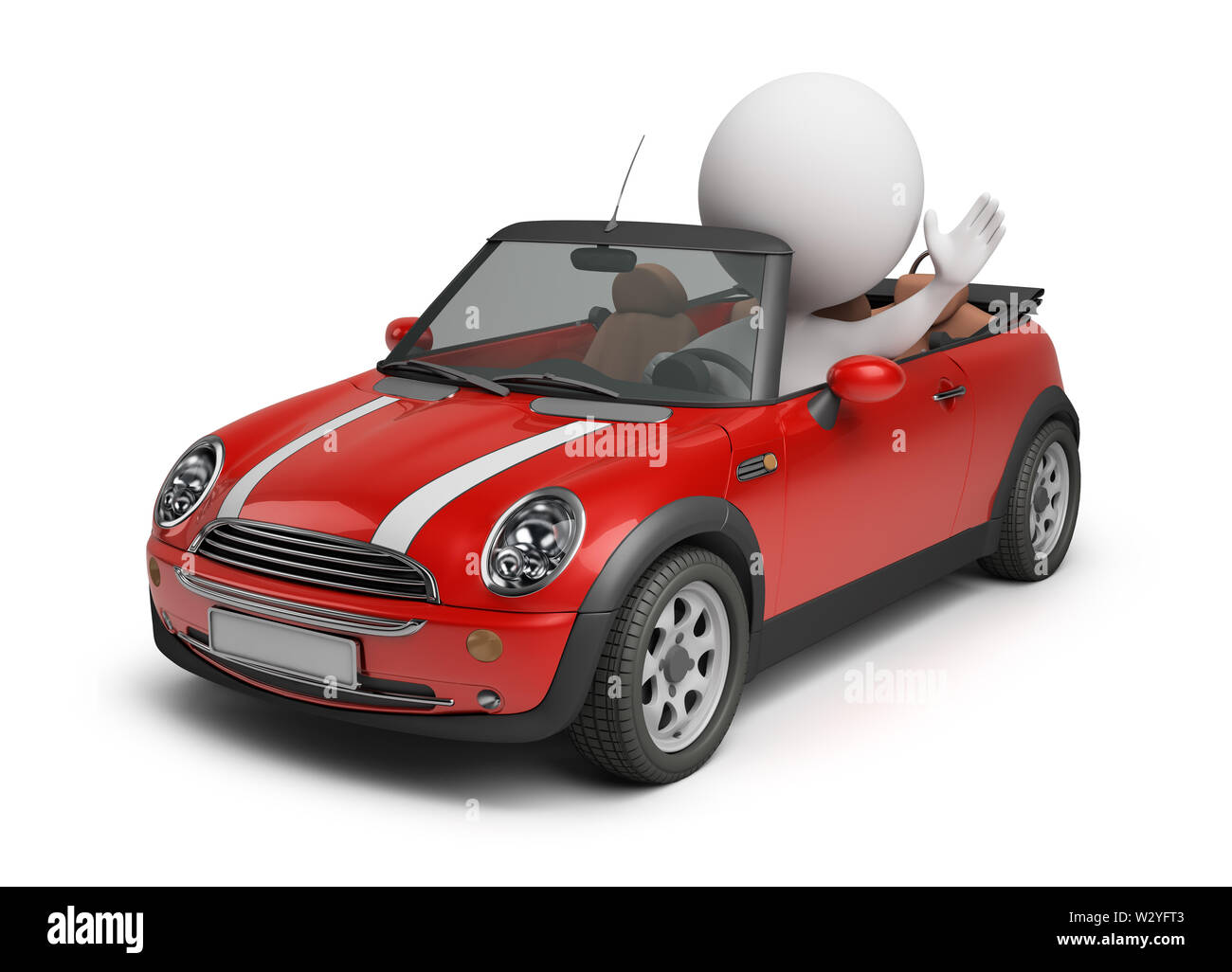 3d small people driving the small car. 3d image. Isolated white ...