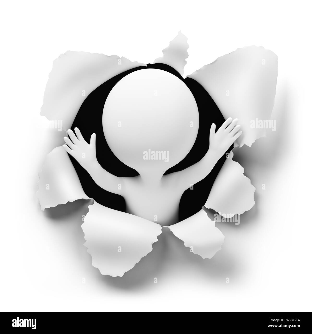 3d small people suddenly getting out of a hole. 3d image. Isolated ...