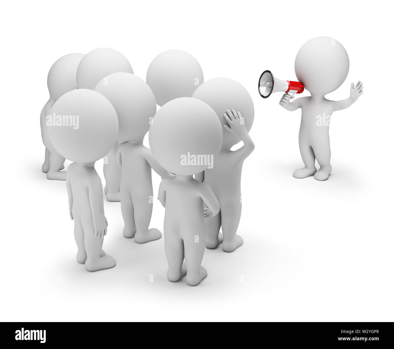 3d small person talking on a megaphone to the crowd. 3d image. White ...