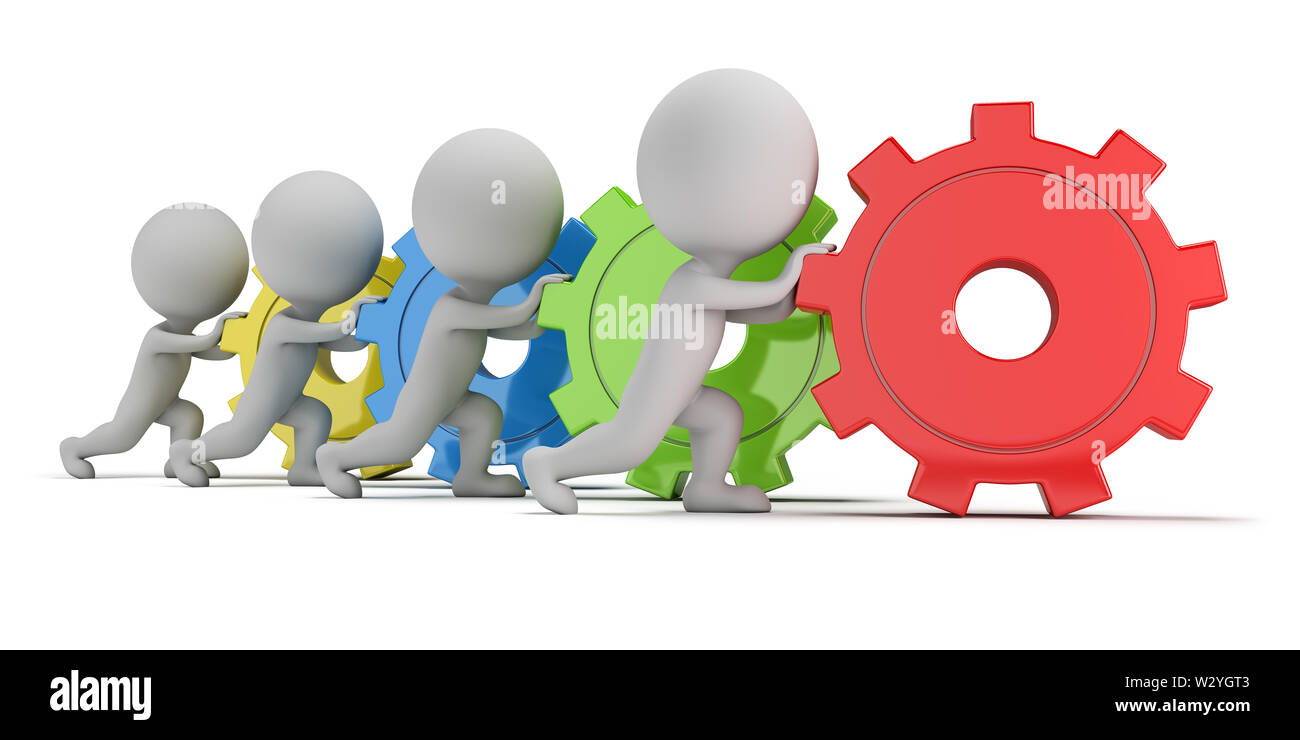 3d small people - team with colorful gears. 3d image. White background ...