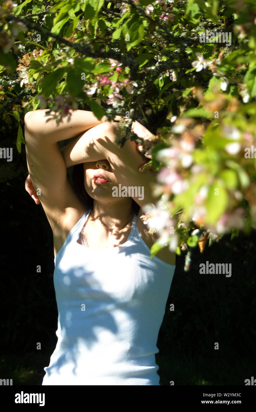 A self-portrait with a blossom tree whilst hiding my face Stock Photo ...