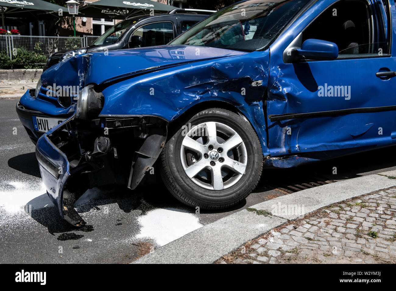 Berlin, Germany. 11th July, 2019. A car destroyed in a traffic accident ...