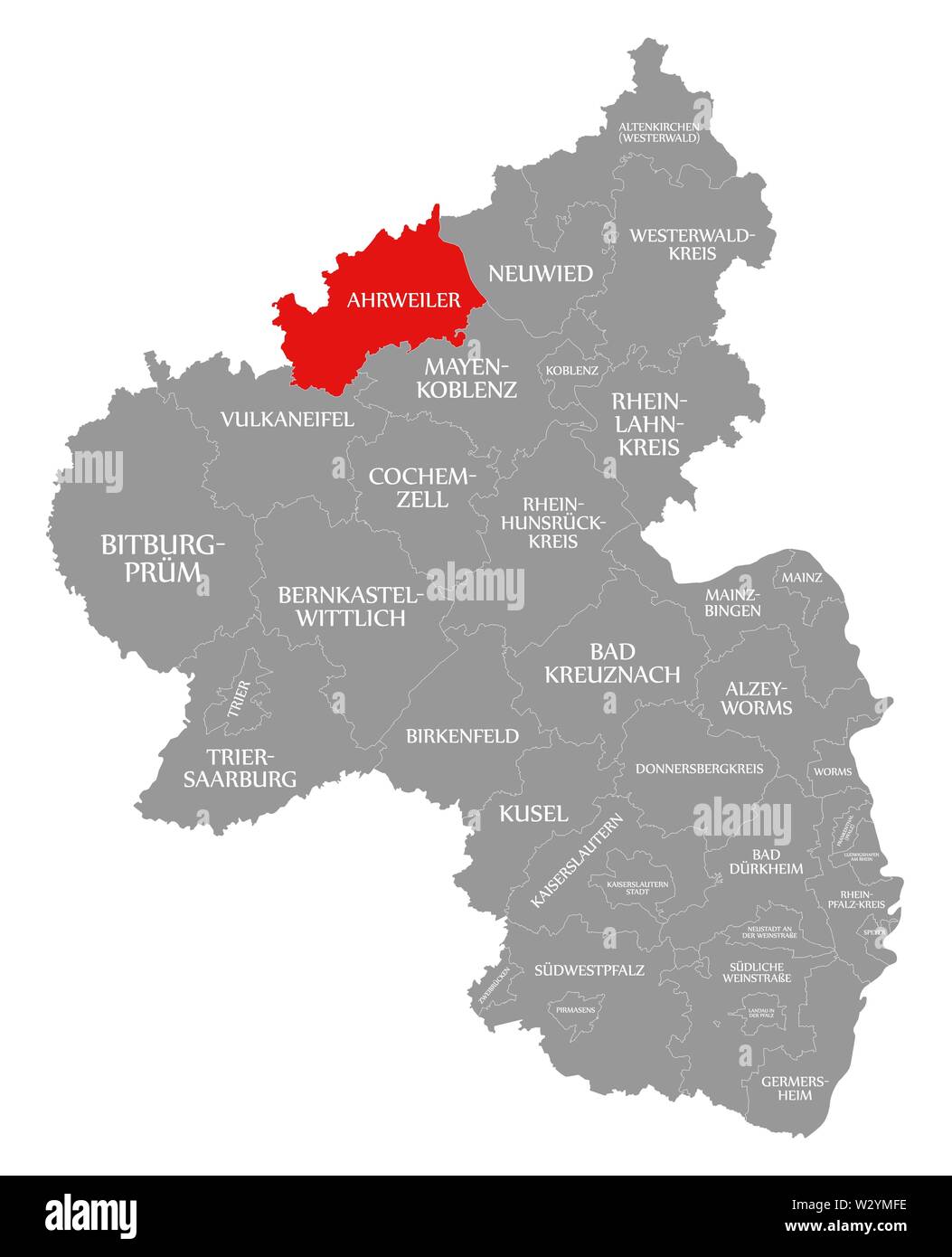 Ahrweiler red highlighted in map of Rhineland Palatinate DE Stock Photo ...
