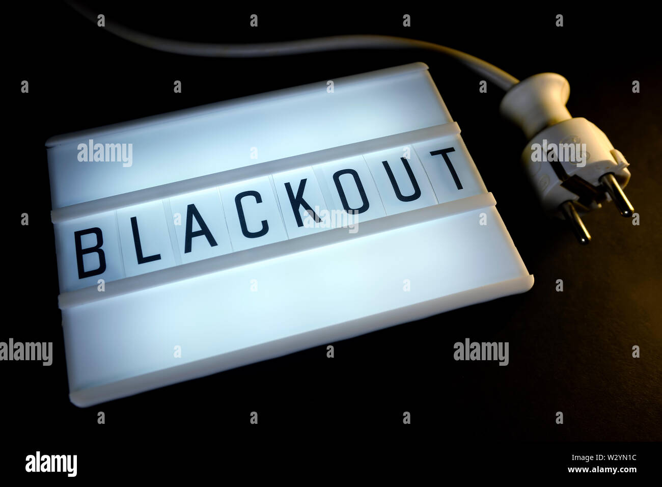 The word blackout on an illuminated panel, power failure Stock Photo ...