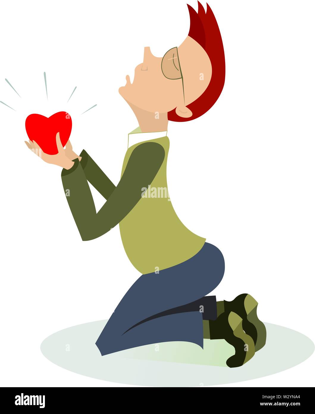 Kneeling man and heart symbol isolated illustration. Kneeling man stays ...