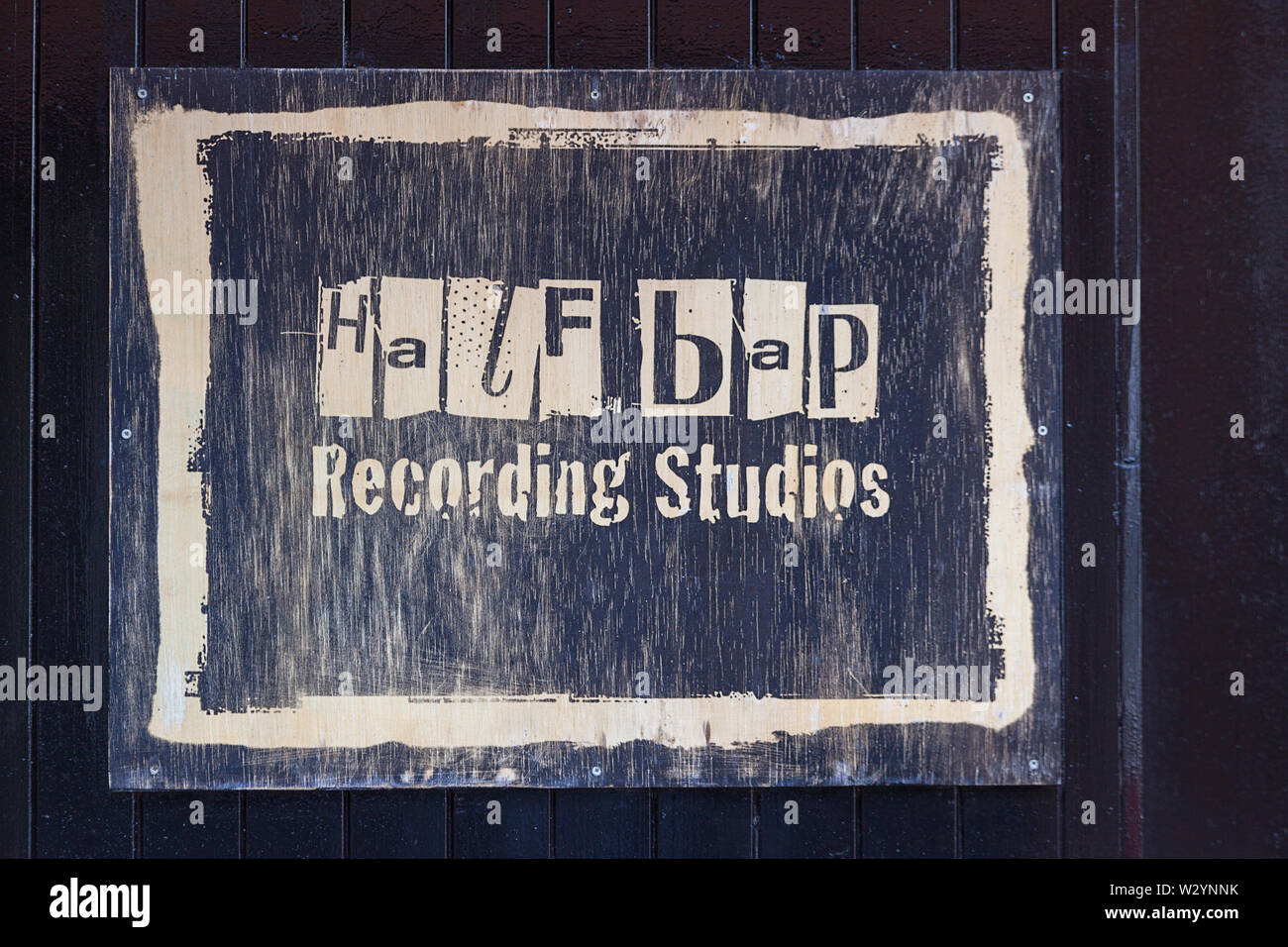 Ireland, North, Belfast, Cathedral Quarter, Sign for Half Bap recording ...