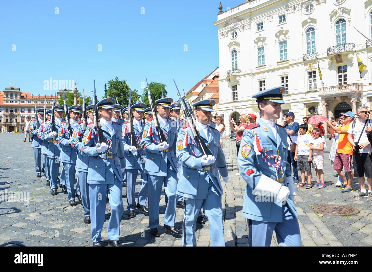 Prague, Czech Republic - June 27th 2019: Tourists watching traditional ...