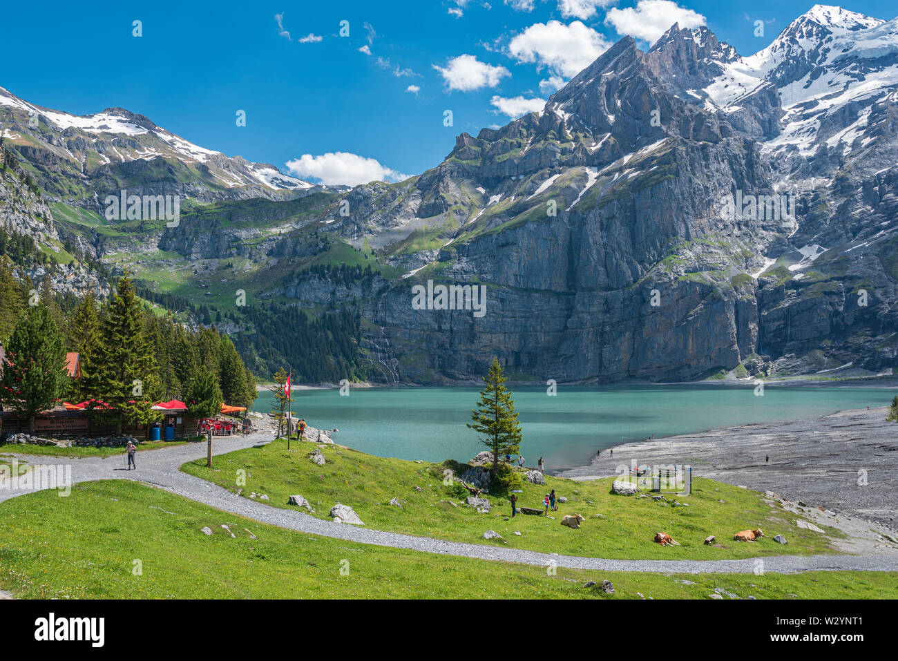 Landscape at Oeschinensee lake with Bluemlisalp mountain, Kandersteg ...