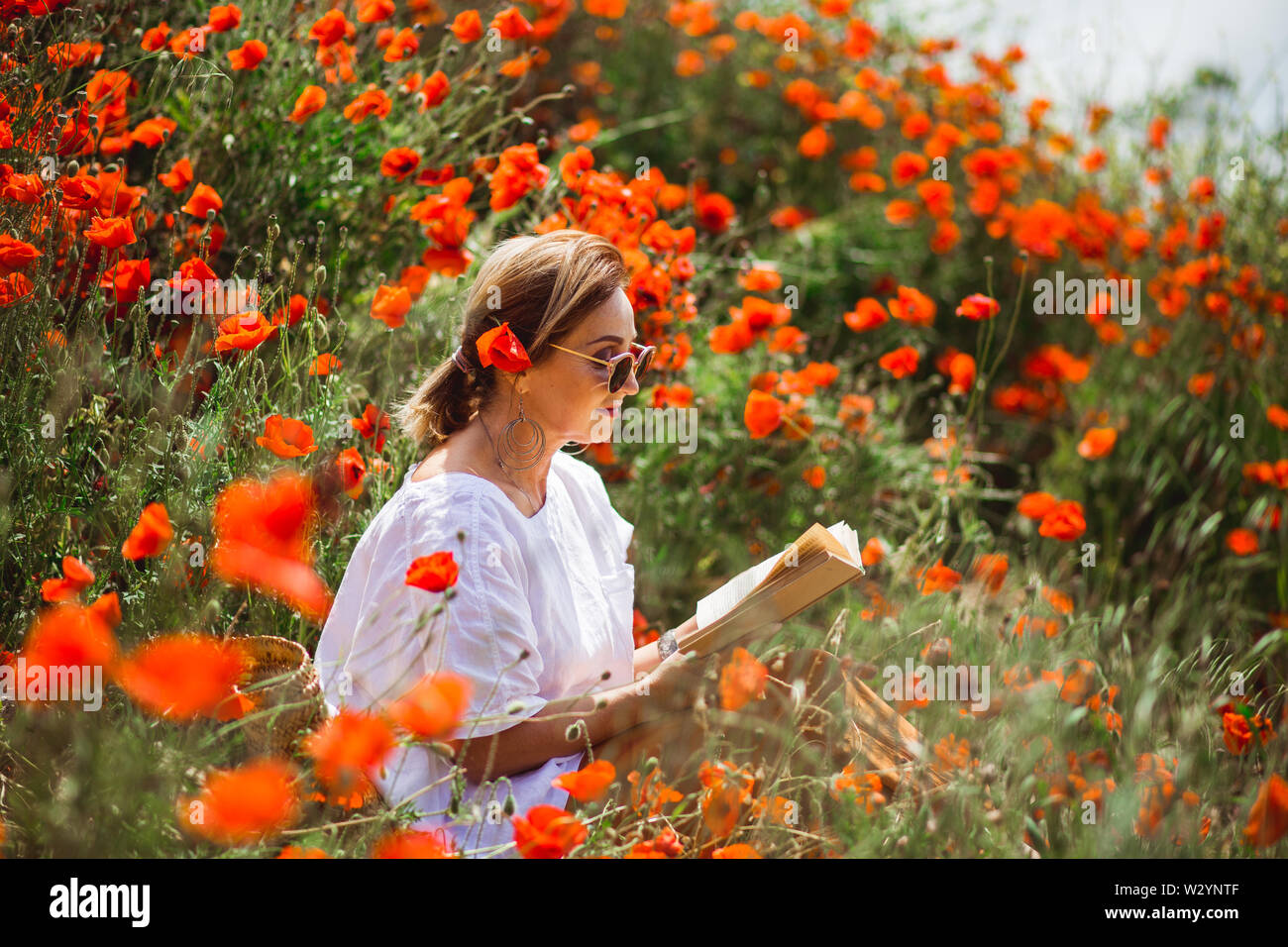 Red poppy flowers field and woman sitting with a book reading. Deaming ...